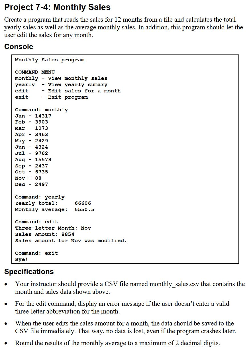 Solved Create a program that reads the sales for 12 month | Chegg.com