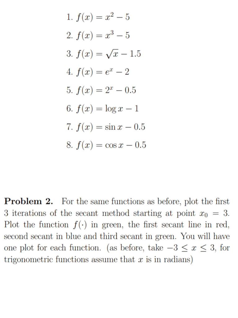 Solved 1. f(x)=x2−5 2. f(x)=x3−5 3. f(x)=x−1.5 4. f(x)=ex−2 | Chegg.com