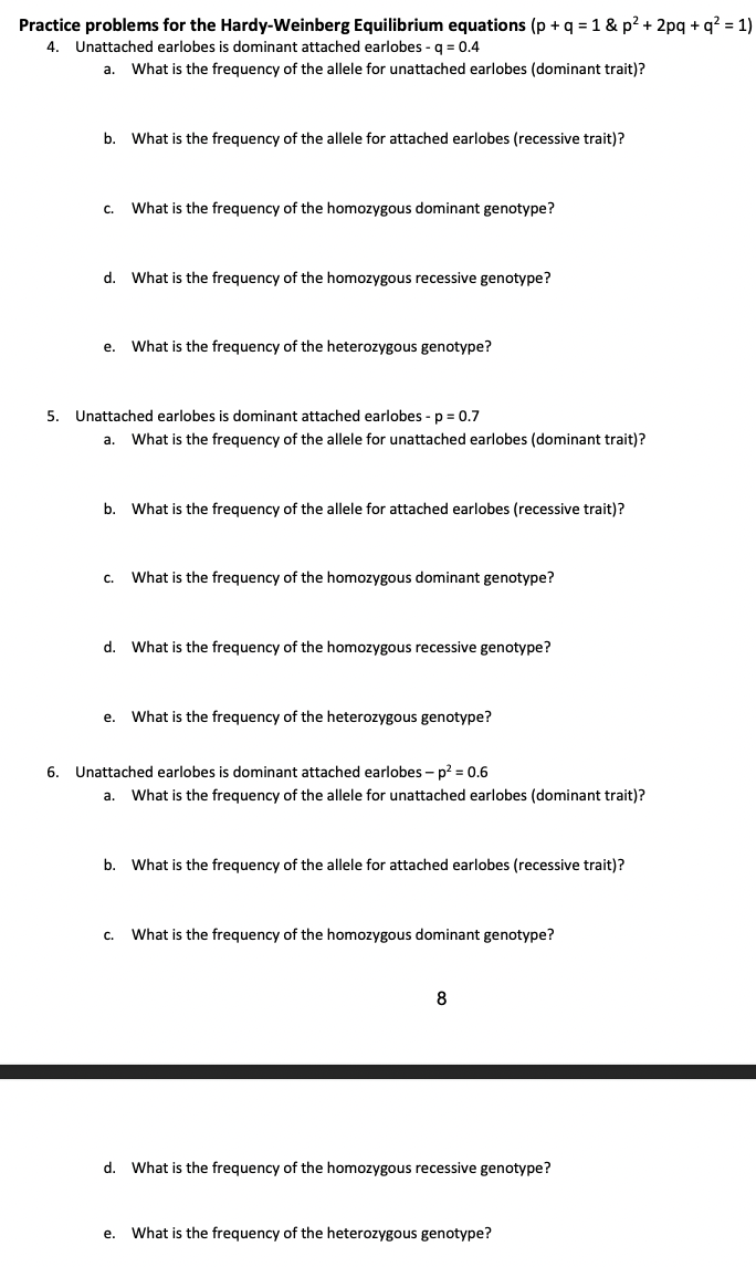 Solved Practice problems for the Hardy-Weinberg Equilibrium | Chegg.com
