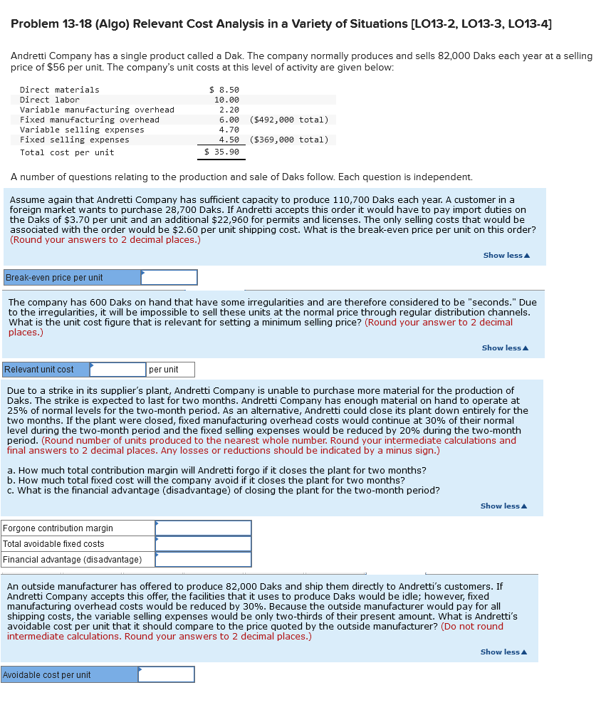 Solved Problem 13-18 (Algo) Relevant Cost Analysis in a | Chegg.com