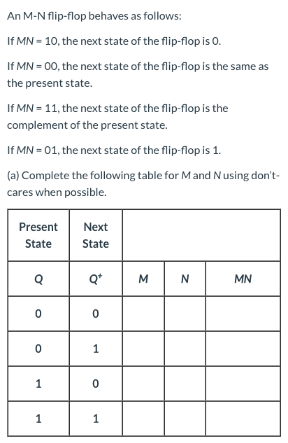 Solved An M-N flip-flop behaves as follows: If MN = 10, the | Chegg.com