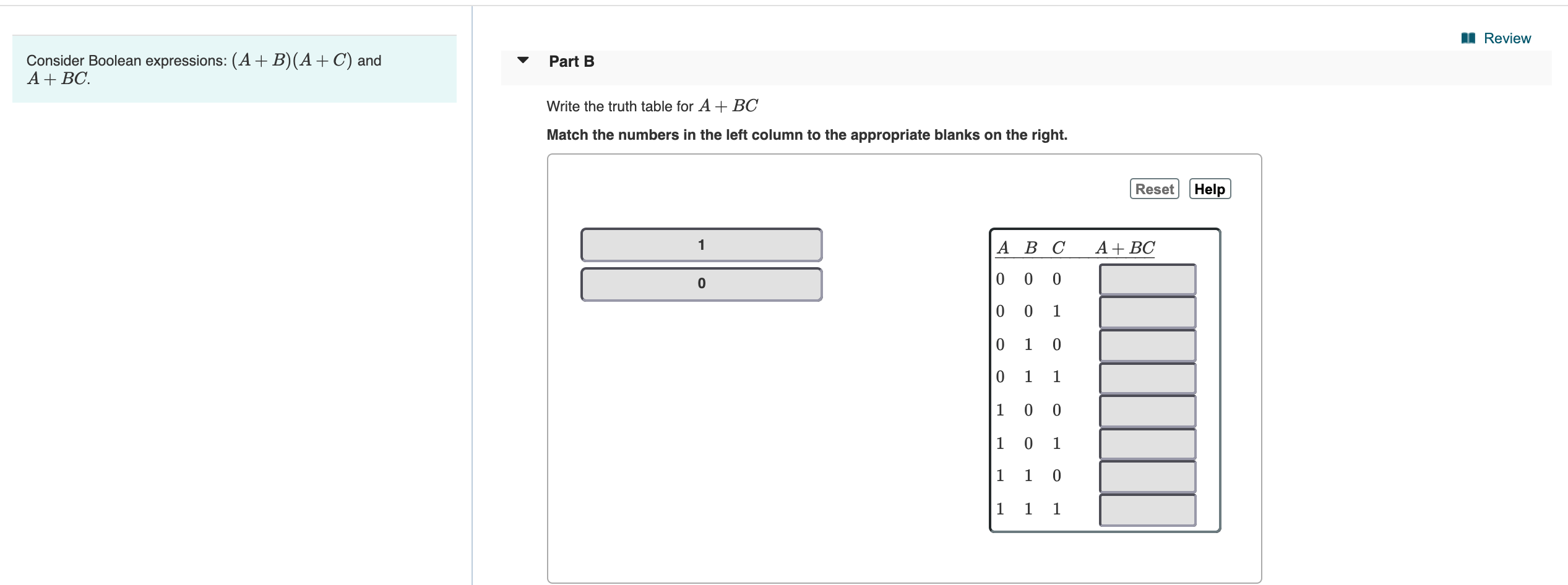 Solved II Review Consider Boolean expressions: (A + B)(A + | Chegg.com