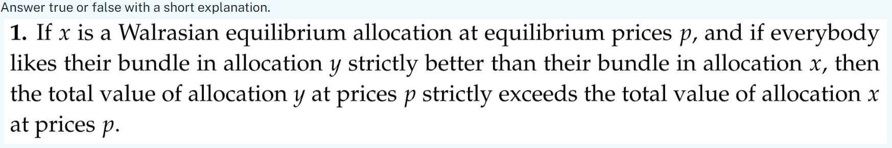 Solved 1. If x is a Walrasian equilibrium allocation at | Chegg.com