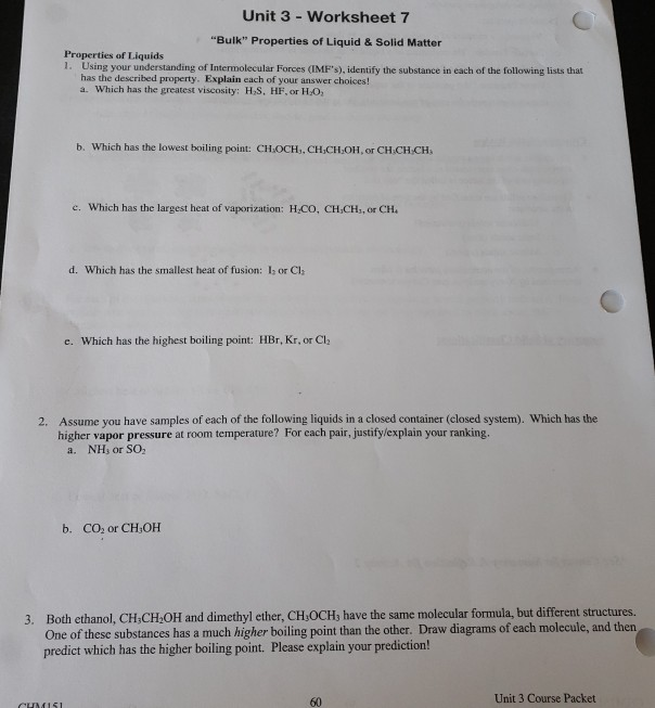Solved Unit 3 - Worksheet 7 "Bulk" Properties of Liquid & | Chegg.com
