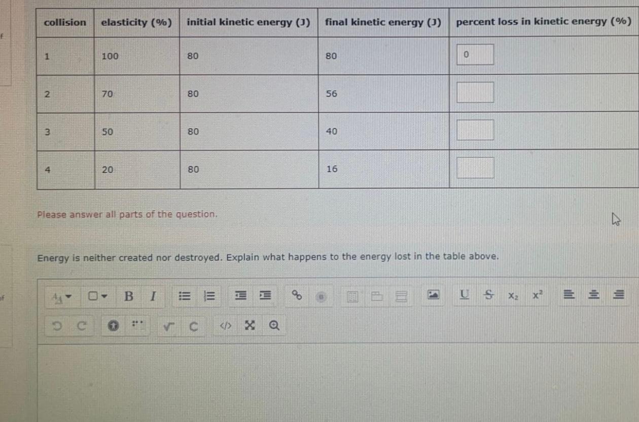 Solved collision elasticity (%) 1 2 3 4 100 70 50 20 initial | Chegg.com