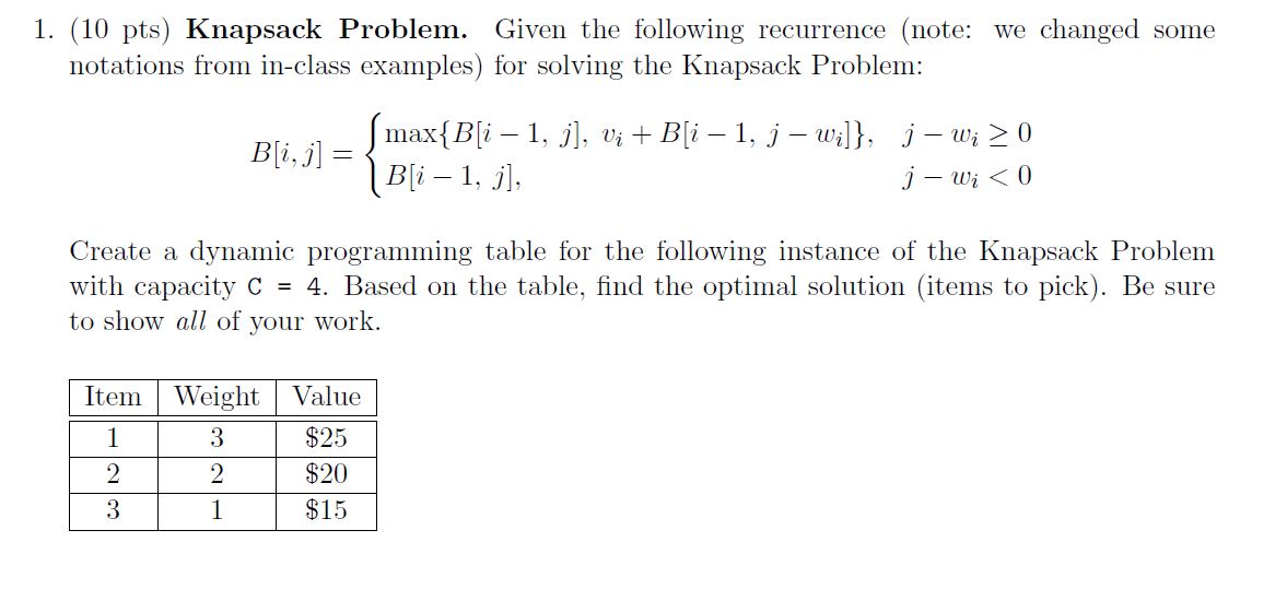 Solved 1. (10 pts) Knapsack Problem. Given the following | Chegg.com