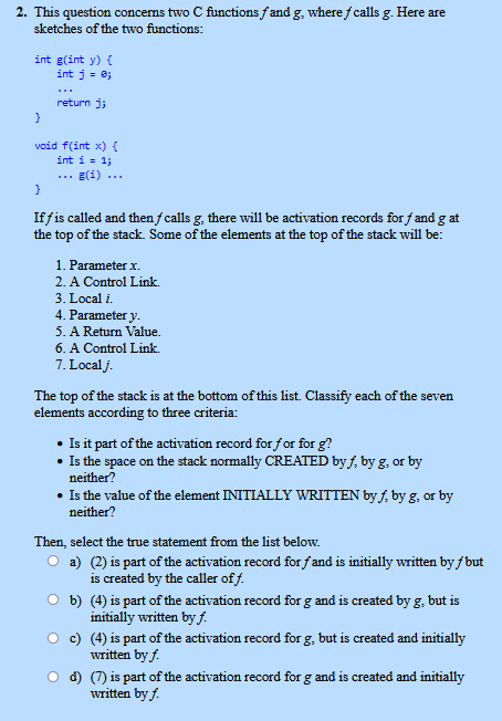 Solved This question concerns two C ﻿functions f ﻿and g, | Chegg.com