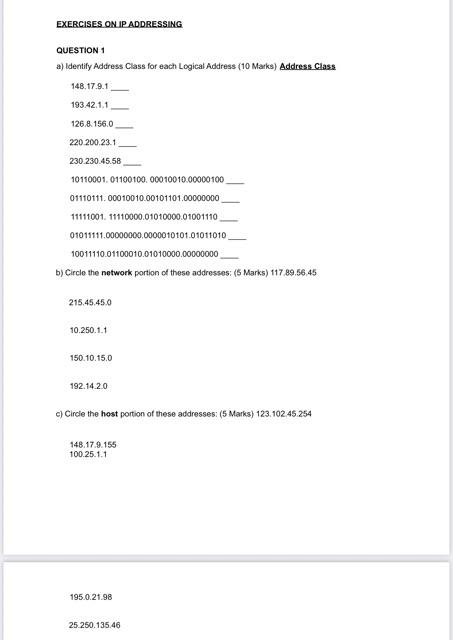 Solved EXERCISES ON IP ADDRESSING QUESTION 1 a) Identify | Chegg.com