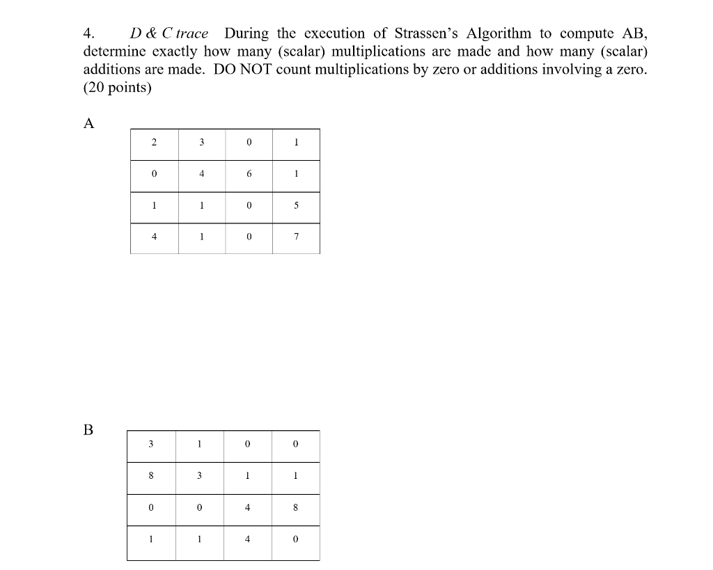 Solved 4. D & C trace During the execution of Strassen's | Chegg.com