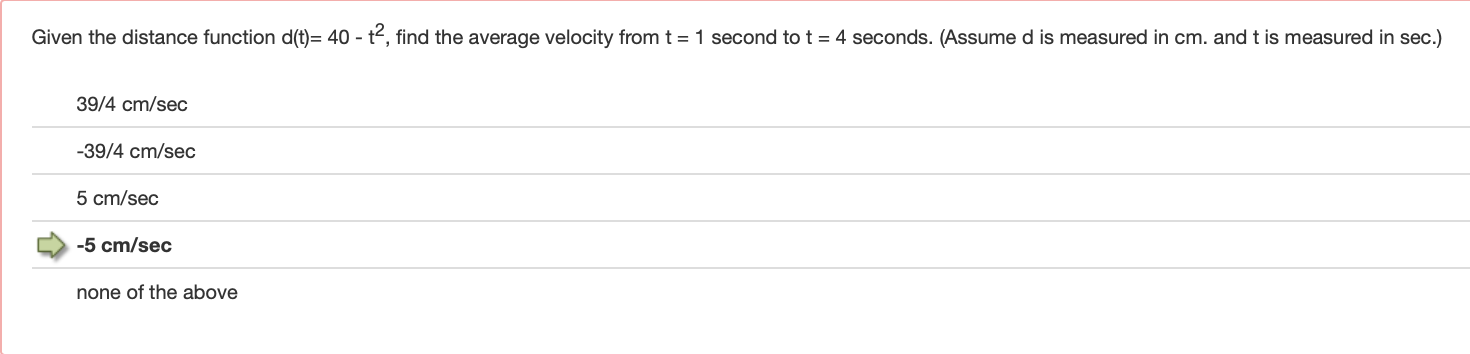 Solved Given the distance function d(t)= 40 - t2, find the | Chegg.com