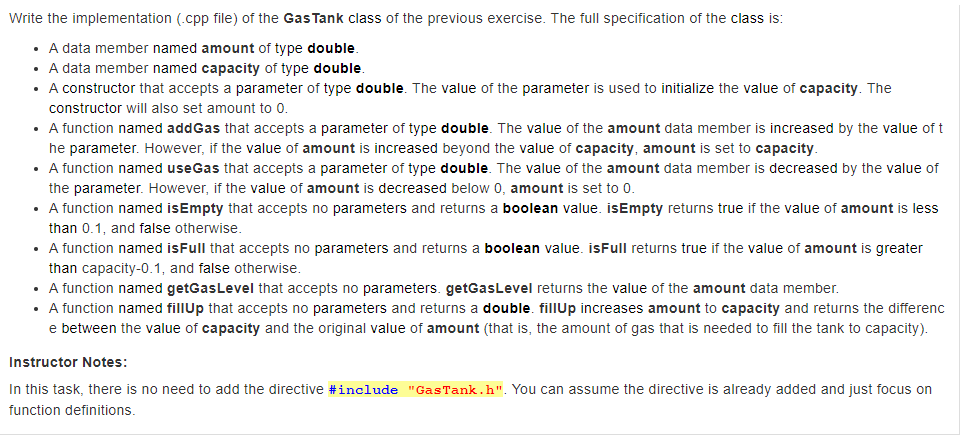 Solved Write The Implementation Cpp File Of The Gastank