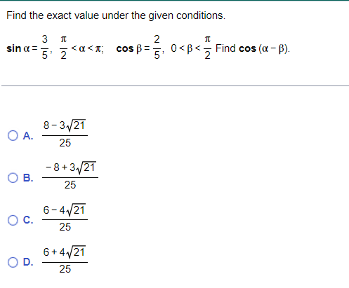 Solved Find the exact value under the given conditions. | Chegg.com