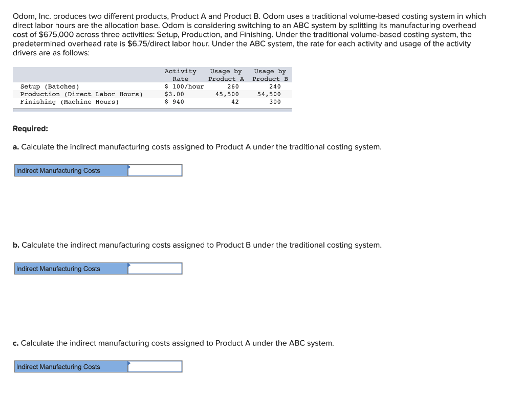 Solved Odom, Inc. produces two different products, Product A | Chegg.com
