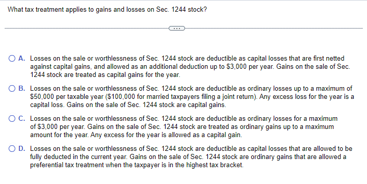 Solved A. ﻿Losses on the sale or worthlessness of Sec. 1244 | Chegg.com