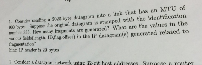 Solved 1. Consider sending a 2020-byte datagram into a link | Chegg.com