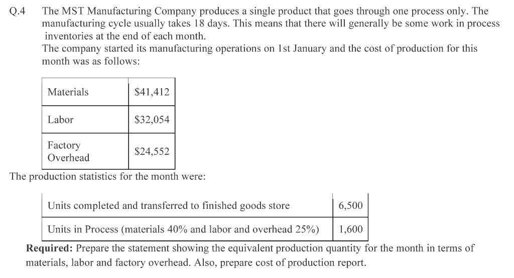 Solved Q.4 The MST Manufacturing Company produces a single | Chegg.com