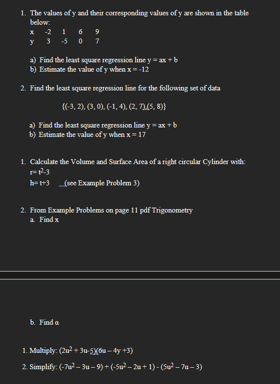 Solved 1. The values of y and their corresponding values of | Chegg.com