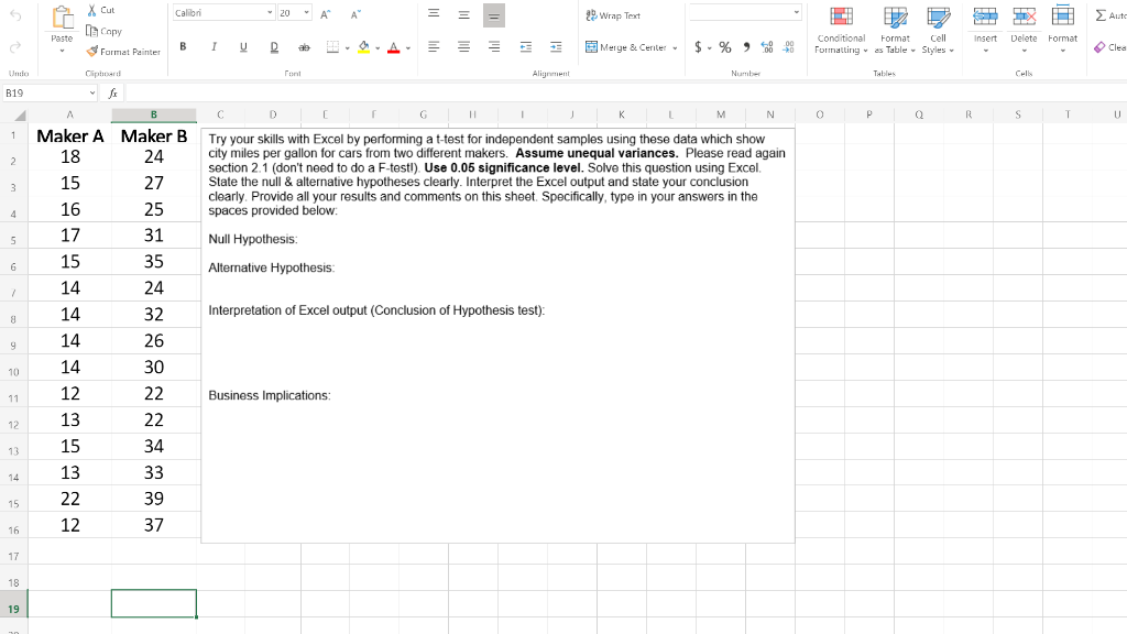 Solved Calibri 20 A A 99 Wrap Text CH ΣΑute X Cut Le Copy | Chegg.com