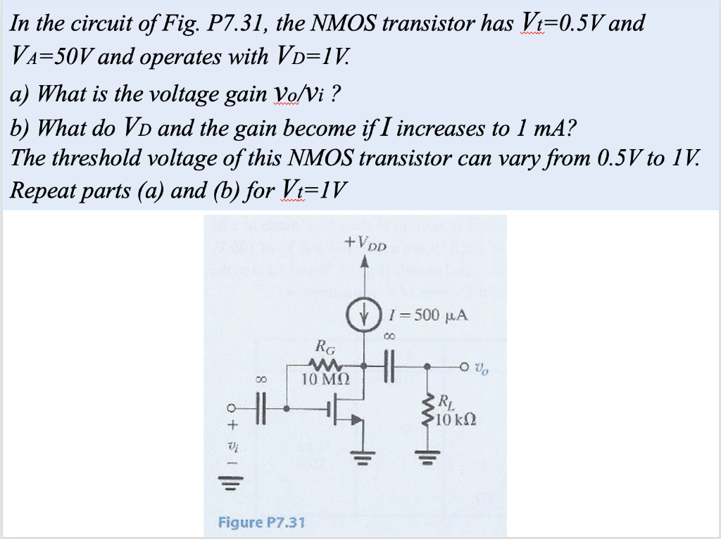 Solved In the circuit of Fig. P7.31, the NMOS transistor has | Chegg.com