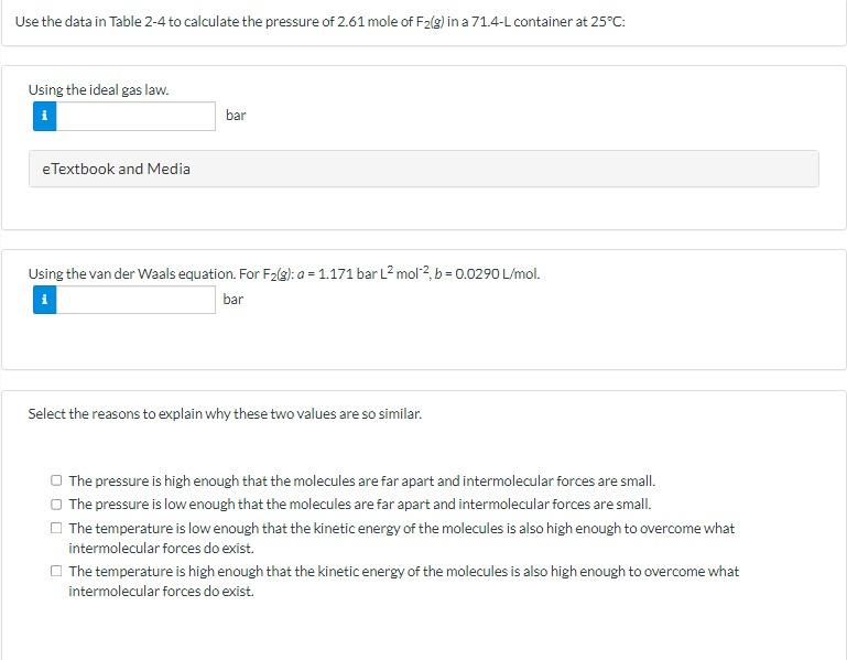 Solved Use the data in Table 2-4 to calculate the pressure | Chegg.com