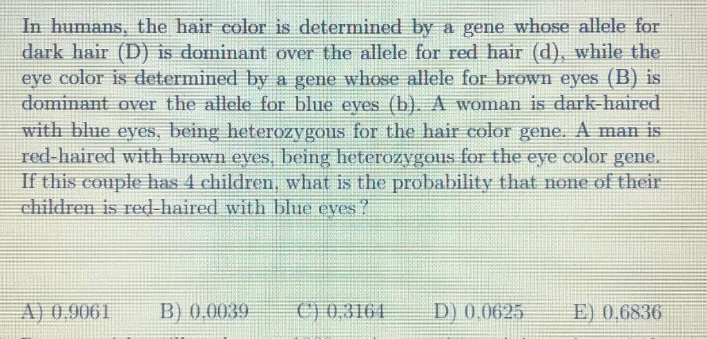 Solved In humans, the hair color is determined by a gene | Chegg.com