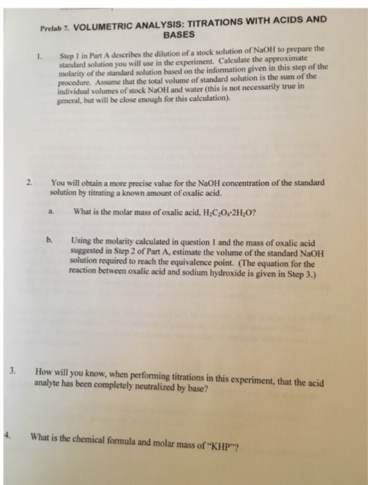 Solved Prelab 7. VOLUMETRIC ANALYSIS: TITRATIONS WITH ACIDS | Chegg.com