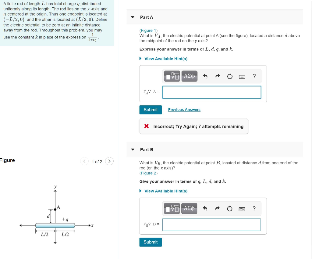 Solved Part A A finite rod of length L has total charge q, | Chegg.com