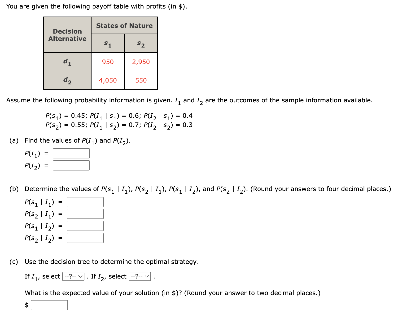 Solved You are given the following payoff table with profits | Chegg.com