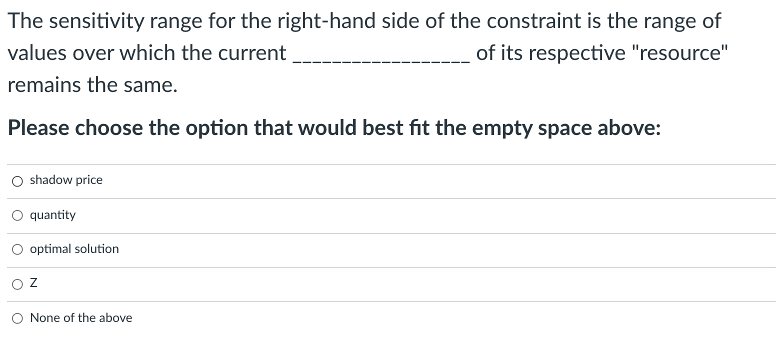 Solved The sensitivity range for the right-hand side of the | Chegg.com