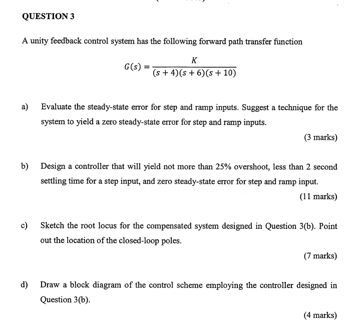 Solved QUESTION 3 A unity feedback control system has the | Chegg.com