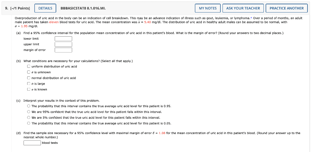 Solved σ=1.95mg/dl. lower limit upper limit margin of error | Chegg.com