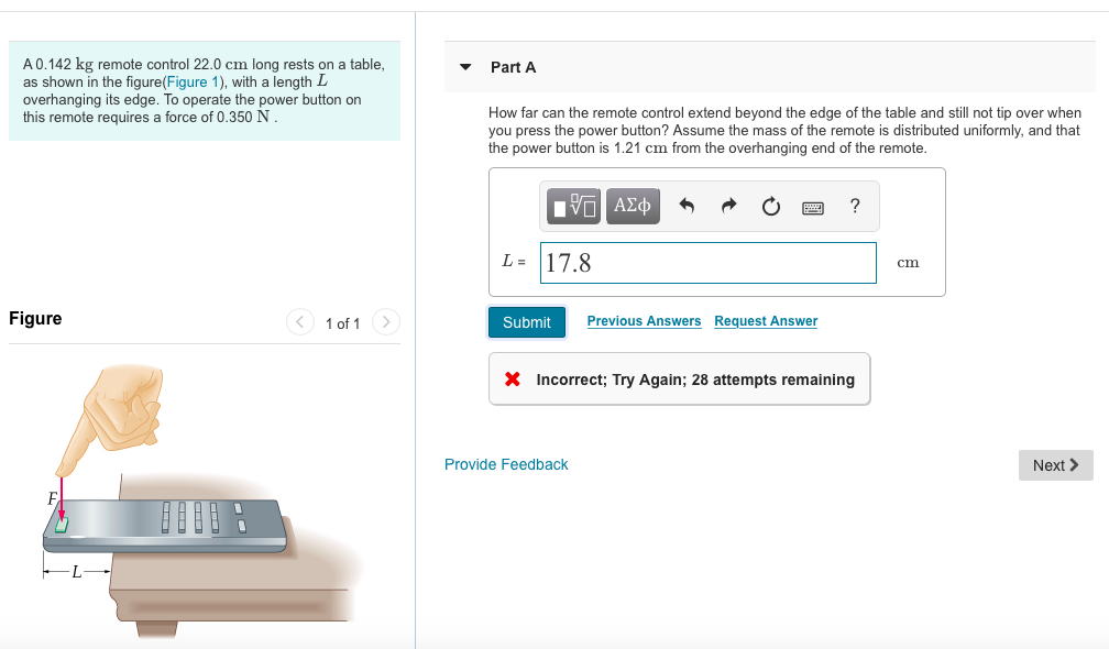 Solved A 0.142 kg remote control 22.0 cm long rests on a | Chegg.com