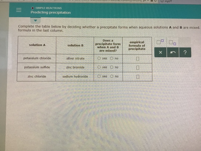 Solved _ SIMPLE REACTIONS -Predicting precipitation Complete | Chegg.com