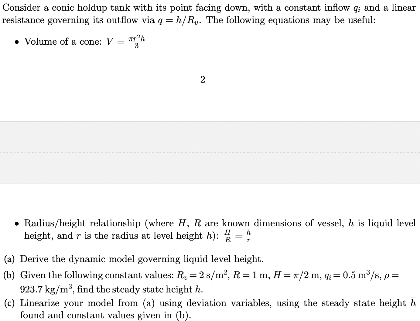 Solved Consider a conic holdup tank with its point facing | Chegg.com