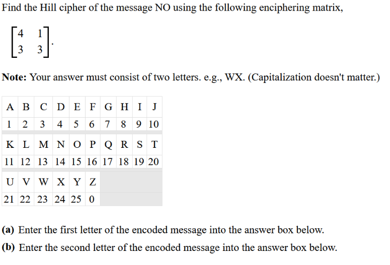 Solved Find the Hill cipher of the message NO using the | Chegg.com