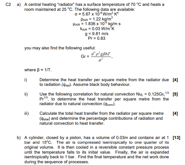 Solved C2 a) A central heating "radiator" has a surface | Chegg.com