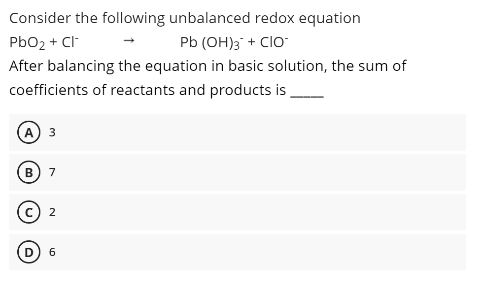 Solved Consider the following unbalanced redox equation PbO2 | Chegg.com