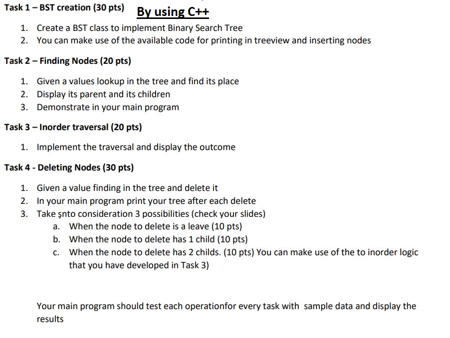 Solved Task 1 - ﻿BST creation (30 ﻿pts) ﻿By using | Chegg.com
