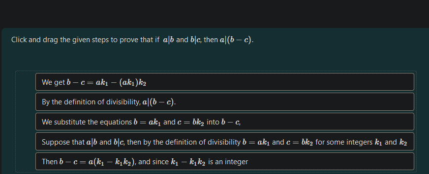 Solved Click and drag the given steps to ﻿prove that if a|b | Chegg.com