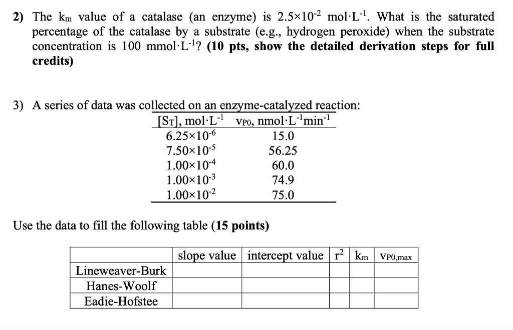 Solved 2) The km value of a catalase (an enzyme) is 2.5×10−2 | Chegg.com