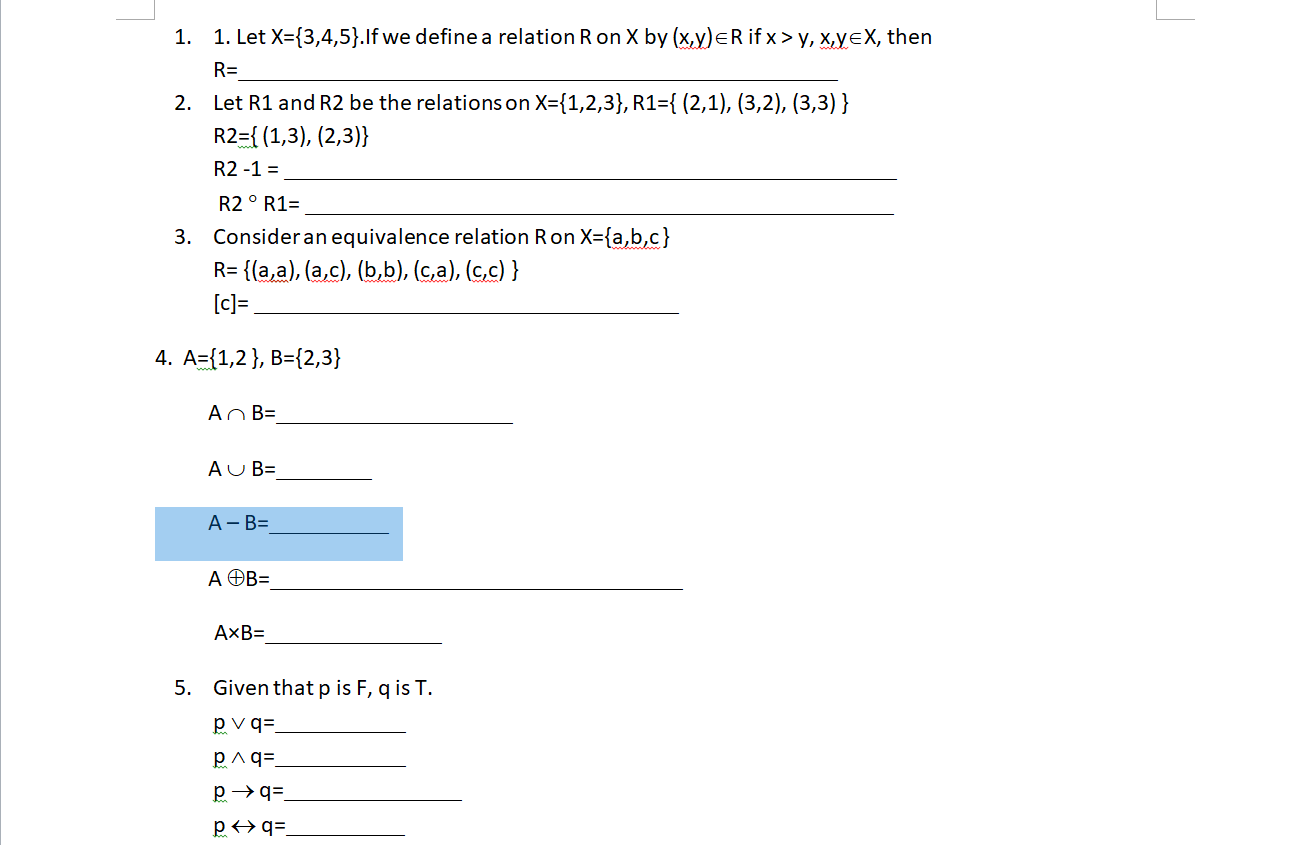 Solved 1. 1. Let X={3,4,5}.If we define a relation Ron X by | Chegg.com