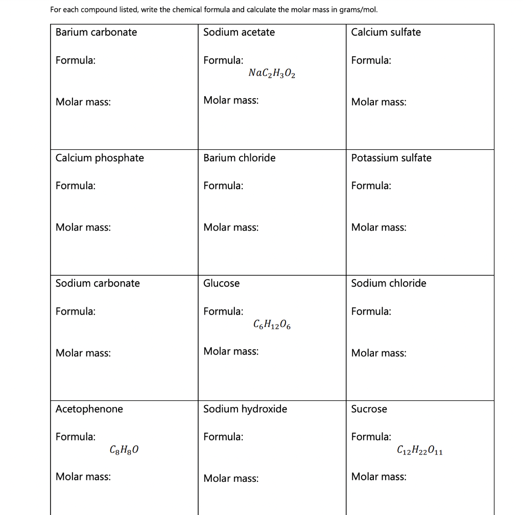 Solved For each compound listed, write the chemical formula | Chegg.com