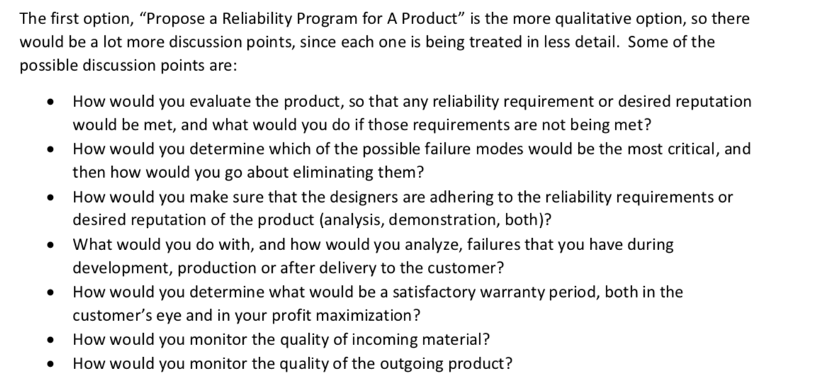The first option, "Propose a Reliability Program for | Chegg.com