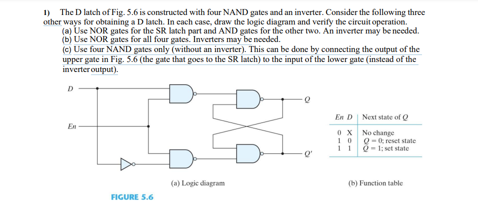 Solved 1) The D latch of Fig. 5.6 is constructed with four | Chegg.com