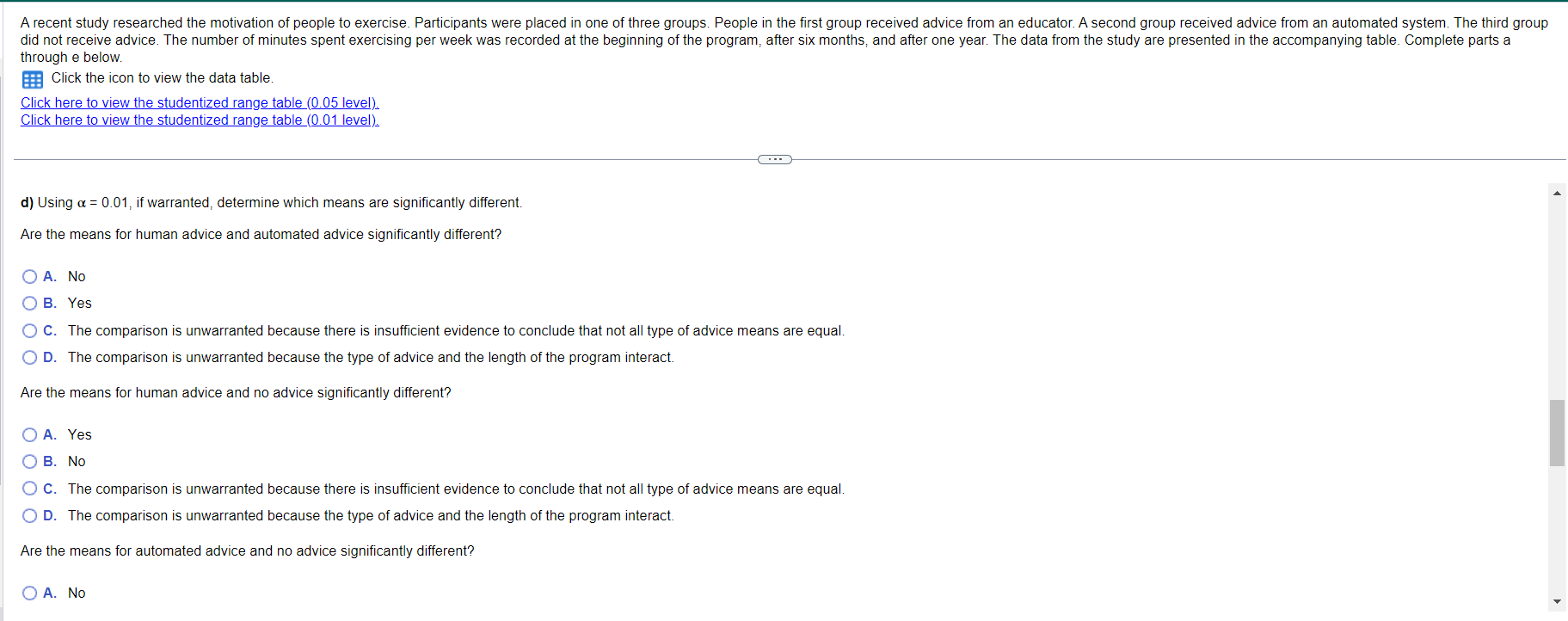 Studentized range table (0.05 level)through e below. | Chegg.com