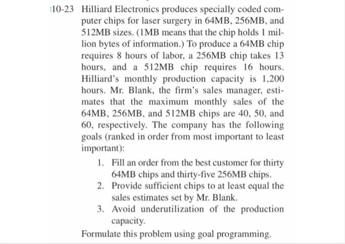 Solved 10-23 Hilliard Electronics produces specially coded | Chegg.com
