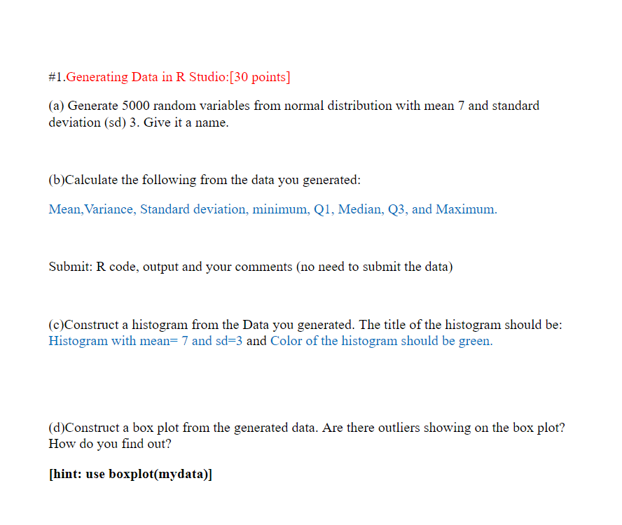 Solved #1. Generating Data in R Studio:[30 points] (a) | Chegg.com