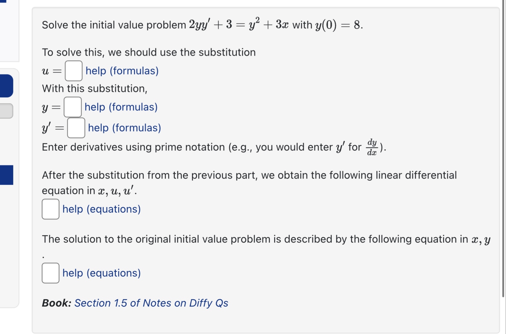 Solve the initial value problem 2yy'+3=y2+3x ﻿with | Chegg.com