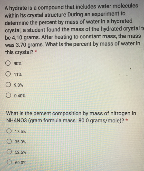Solved A hydrate is a compound that includes water molecules | Chegg.com