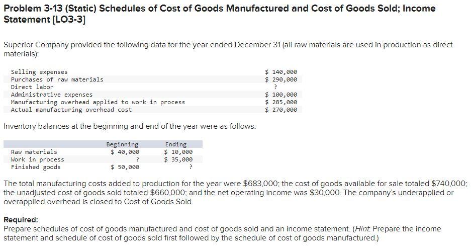 Solved Problem 3-13 (Static) Schedules of Cost of Goods | Chegg.com